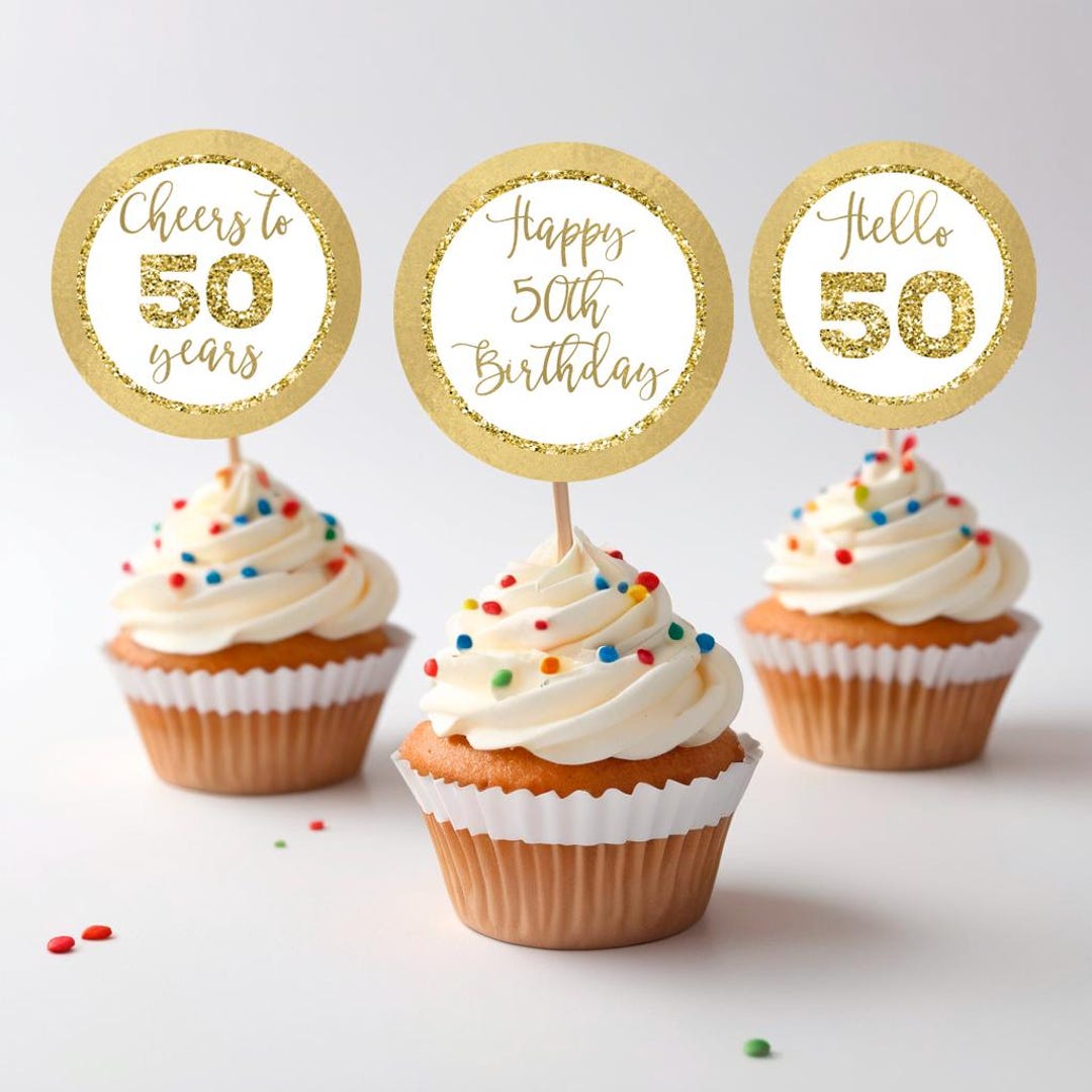 50th Birthday Cupcake Toppers Gold Glitter 50th Birthday Decorations ...