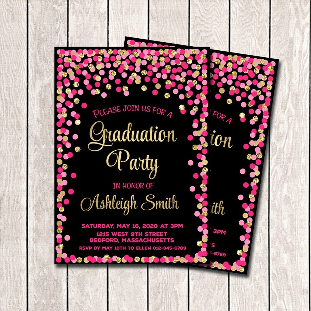 Graduation Invitation for Girl Hot Pink Gold and Black Graduation Party ...