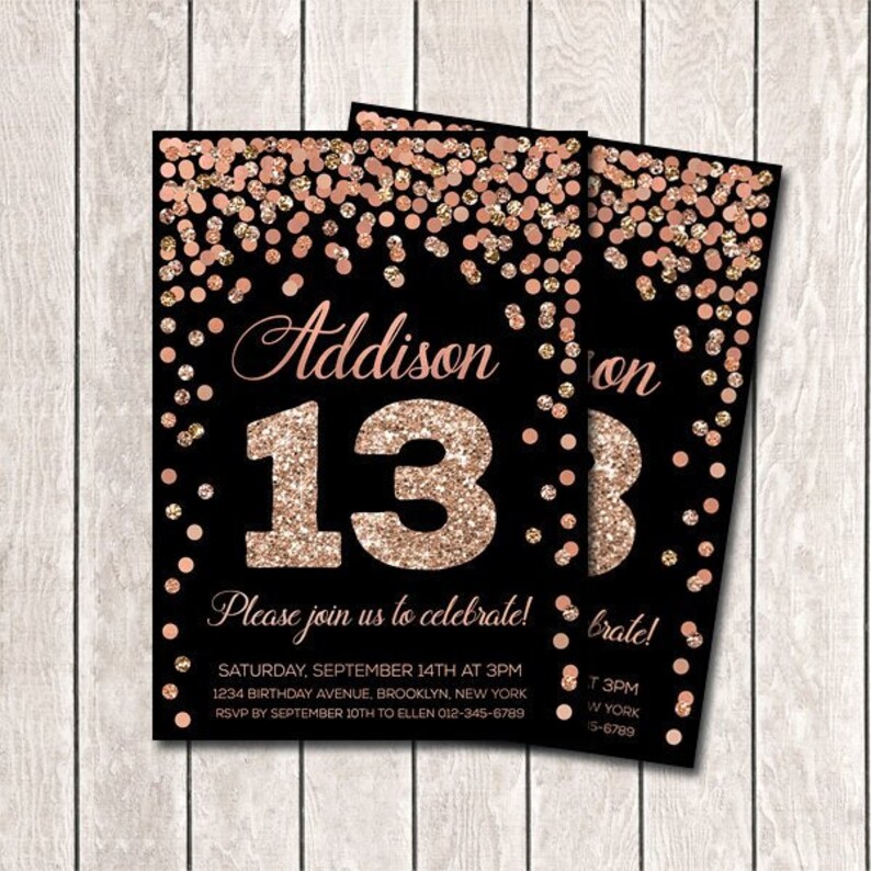Girl 13th Birthday Invitation Personalized Rose Gold Confetti Etsy