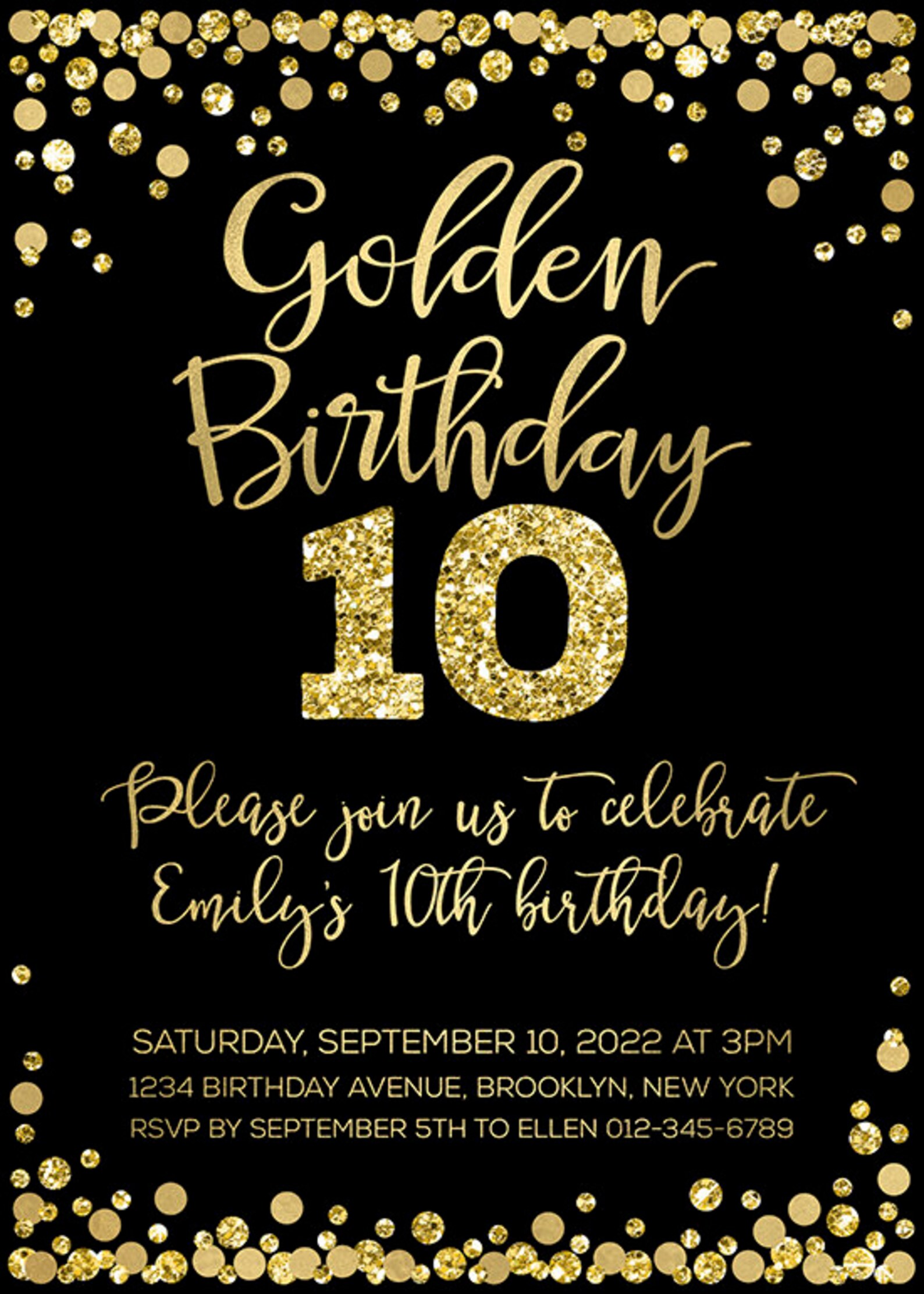 Golden Birthday Invitation Black and Gold Glitter Birthday - Etsy