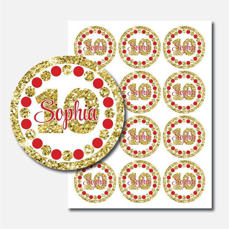 Red and Gold Birthday Cupcake Toppers Personalized Birthday Tags ...