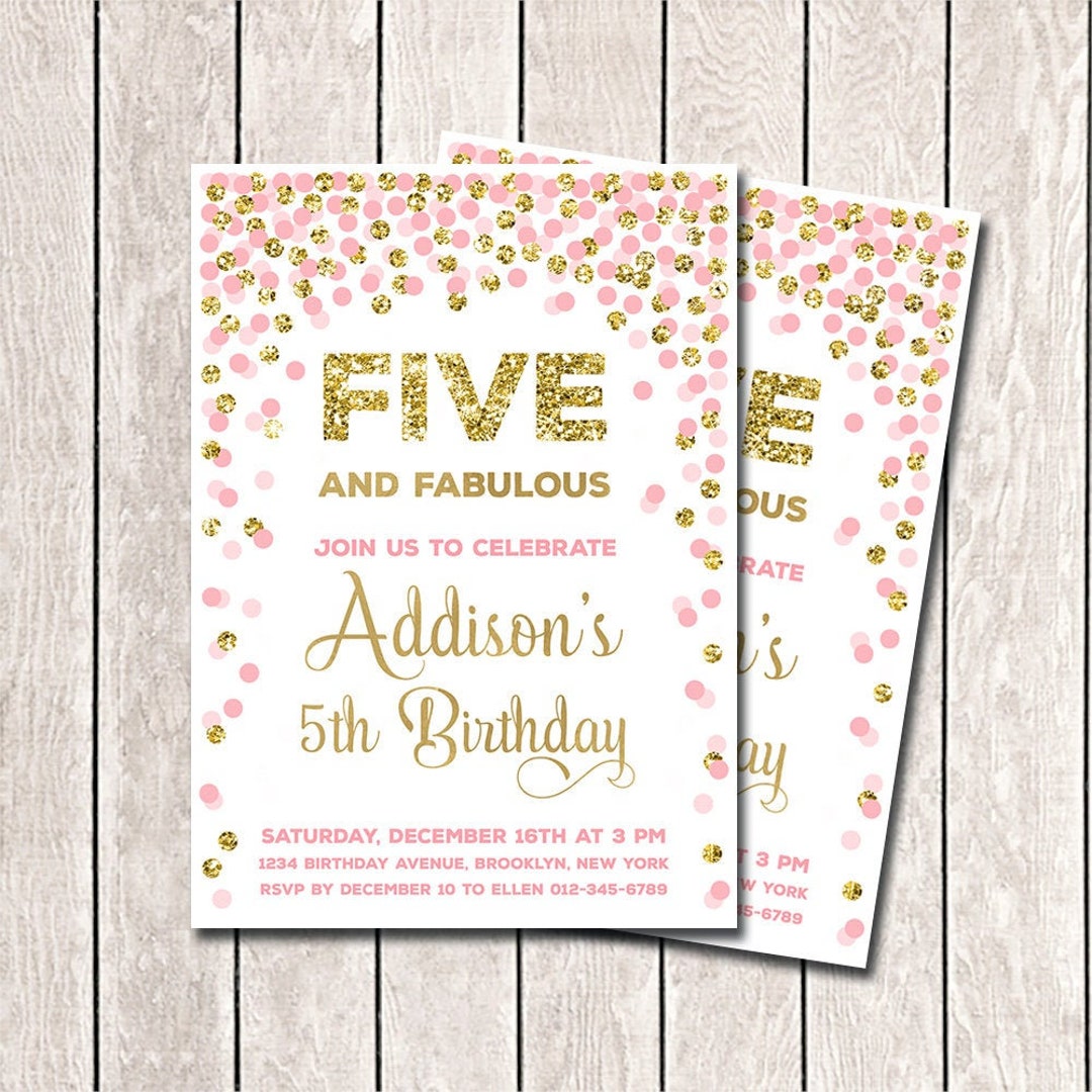 Girl Birthday Invitations Five and Fabulous Invitation Pink and Gold ...