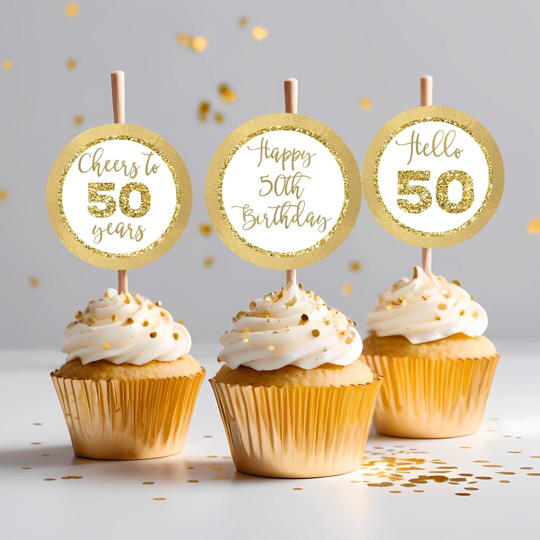 50th Birthday Cupcake Toppers 50th Birthday Favor Tags Gold Round Tags ...