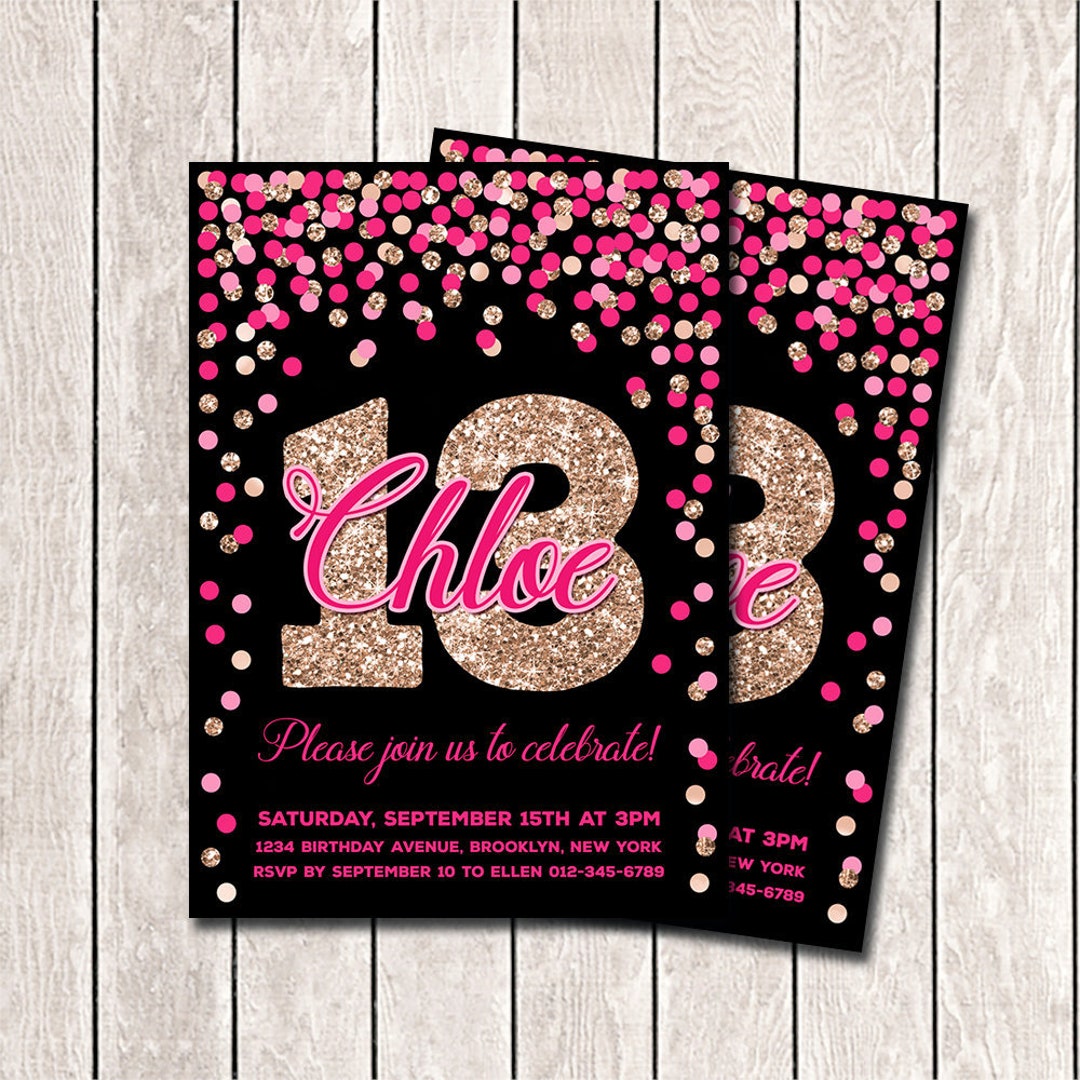Girl 13th Birthday Party Invitations Personalized Hot Pink Rose Gold ...