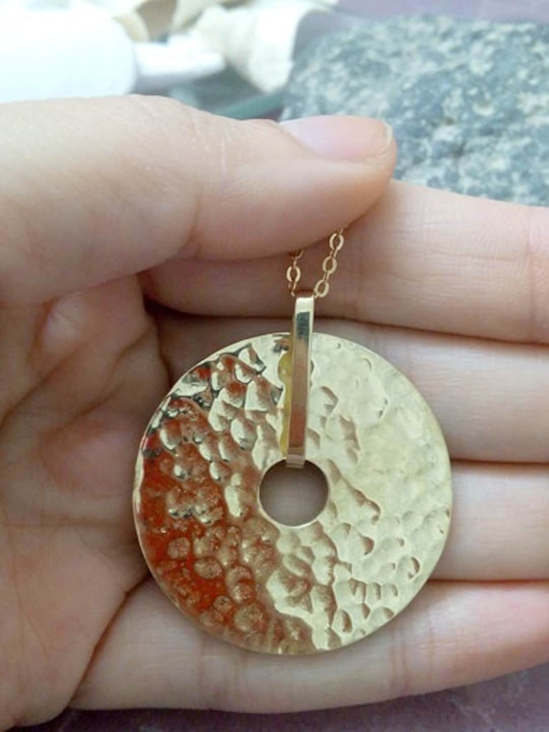 Hammered Disc Necklace, Gold Disk Necklace, Personalized Pendant, Big ...