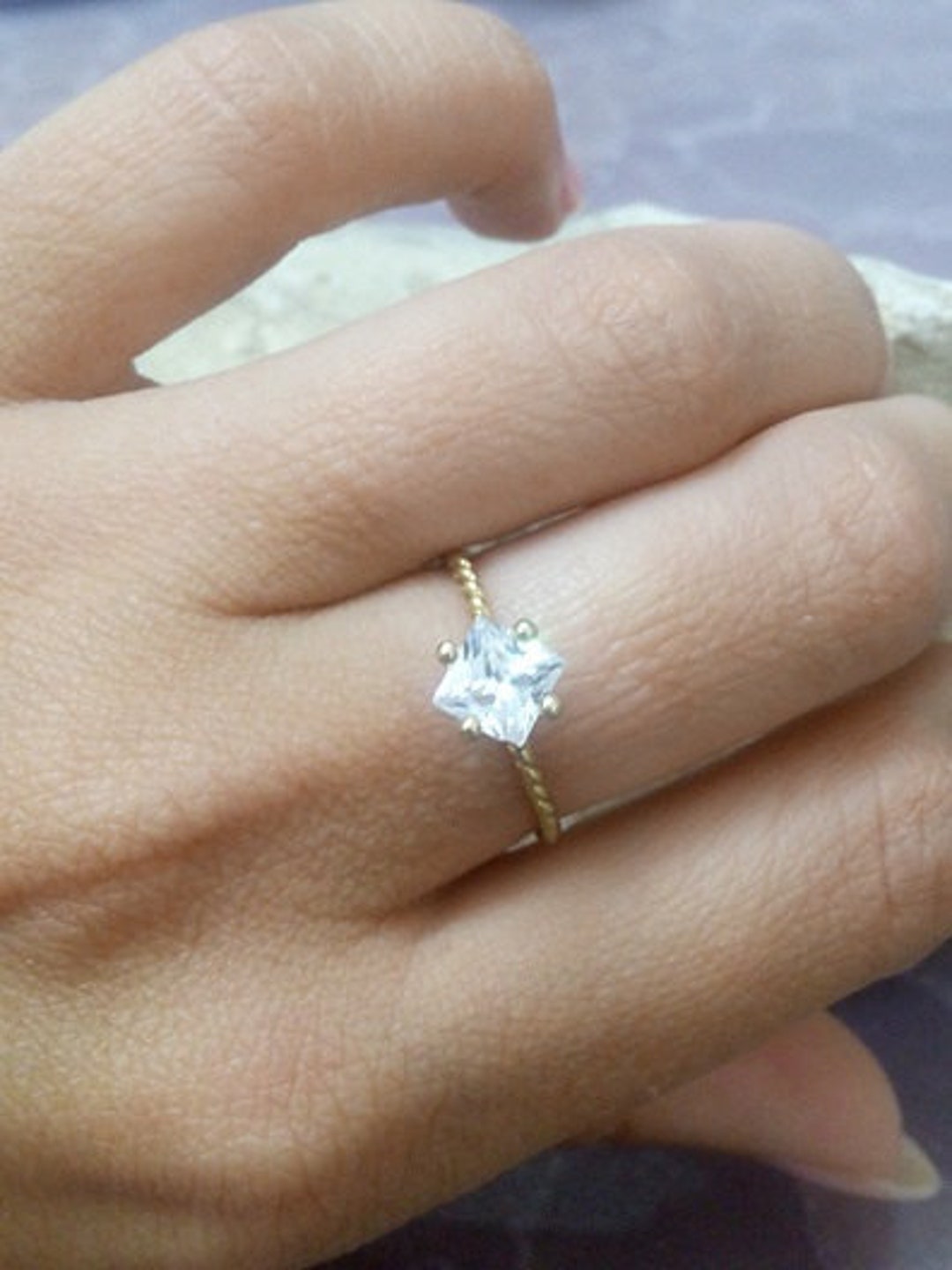 Gold Ring, Gold Ring, Clear Quartz Ring, April Ring, Slim Twisting Band ...