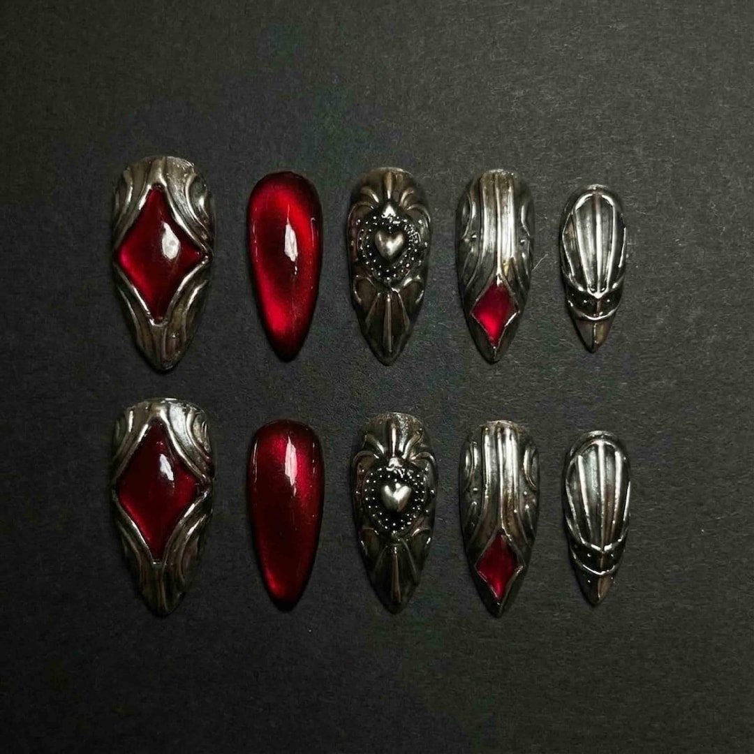 Handmade Gothic Armor Press on Nails | Dark Red Glass Tips & Silver ...
