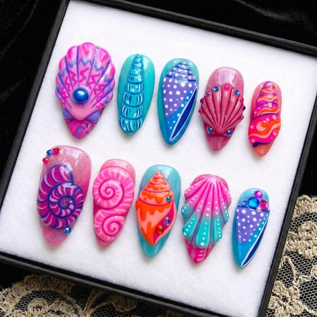 3D Mermaid Seashell Press on Nails | Vibrant Summer Almond | Colorful ...