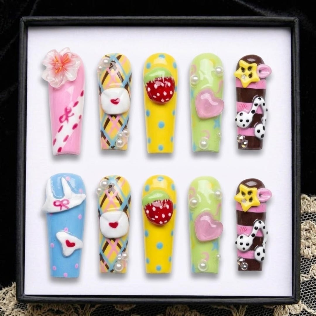 3D Kawaii Decoden Press on Nails | Pastel Long Coffin Nails | Plaid ...