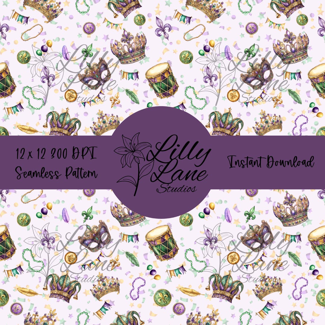Mardi Gras Seamless Pattern | Digital Download | Crown Mask Beads Drum ...
