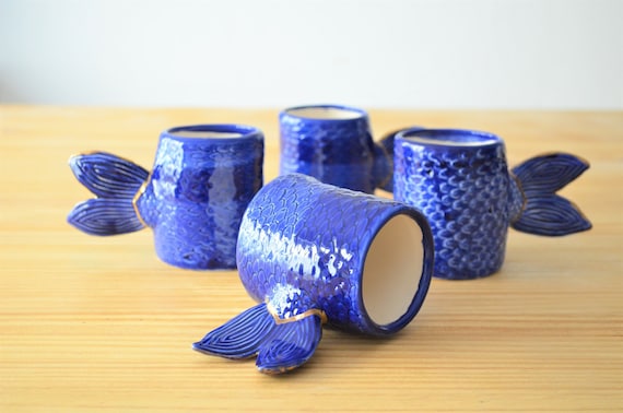Handmade Fish Ceramic Mug Blue Breakfast Mug With Fishtail | Etsy