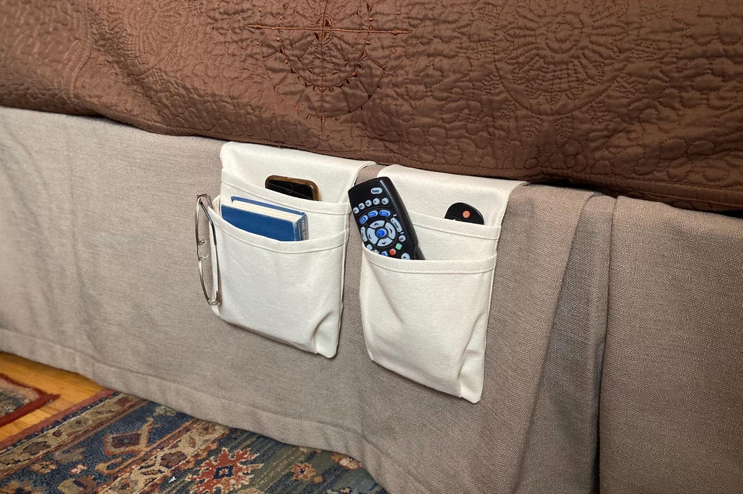 Bedside Remote Control Caddy With Double-pockets. Canvas Storage Holder ...