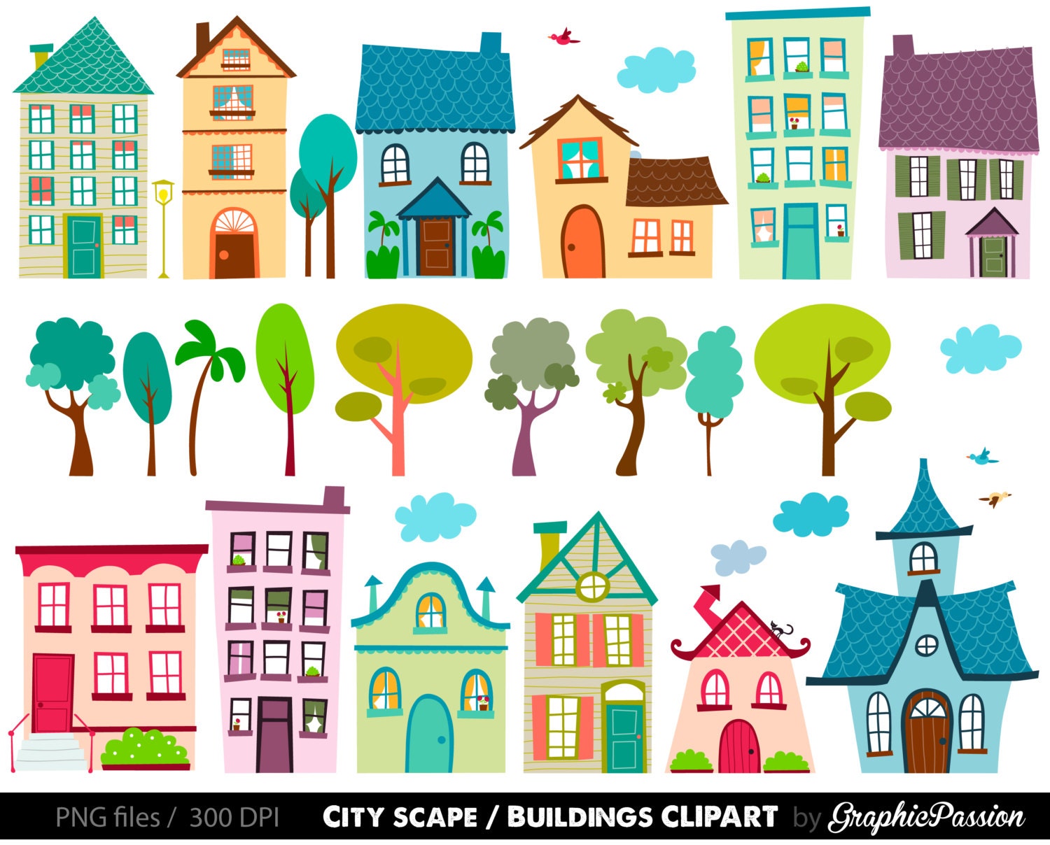 Houses Clip Art Set houses clipart cute houses | Etsy