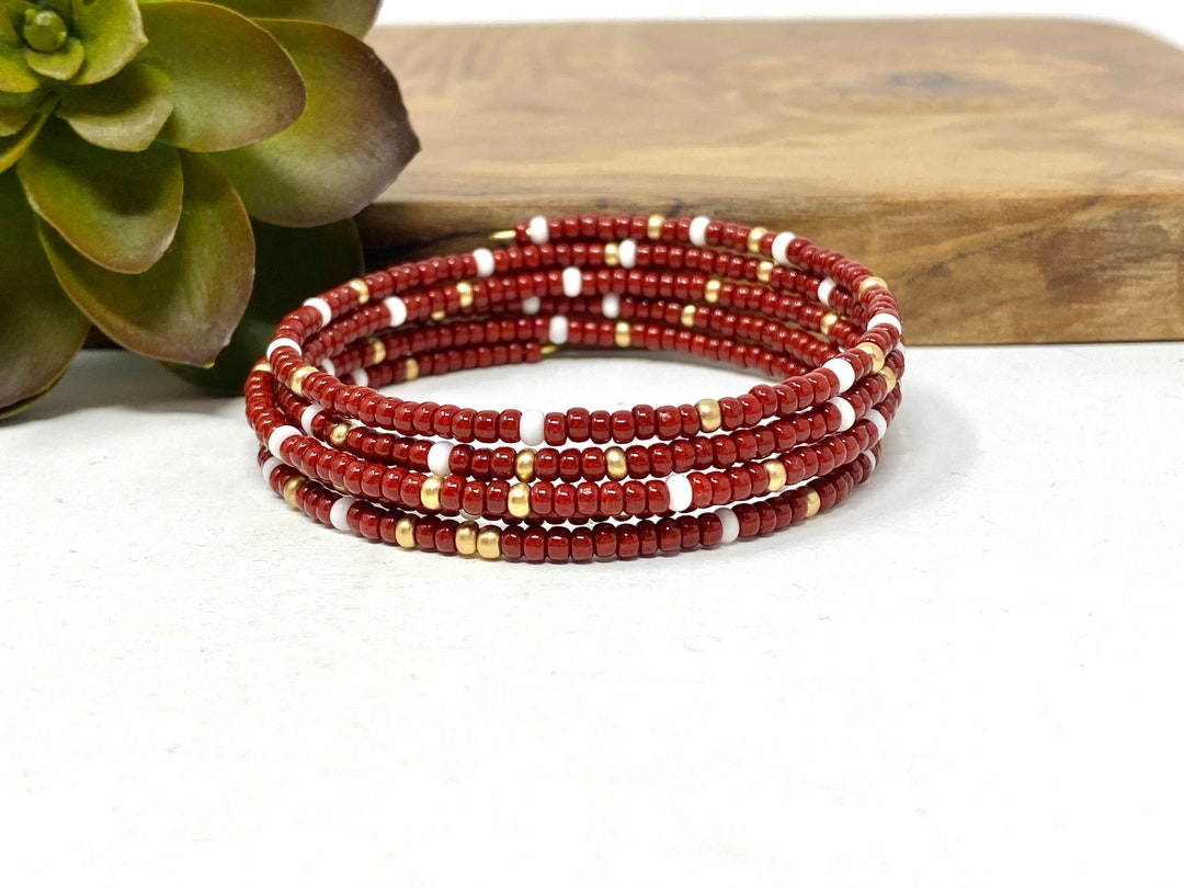 GAME DAY Maroon, White and Gold Seed Bead Memory Wire Cuff Bracelet ...
