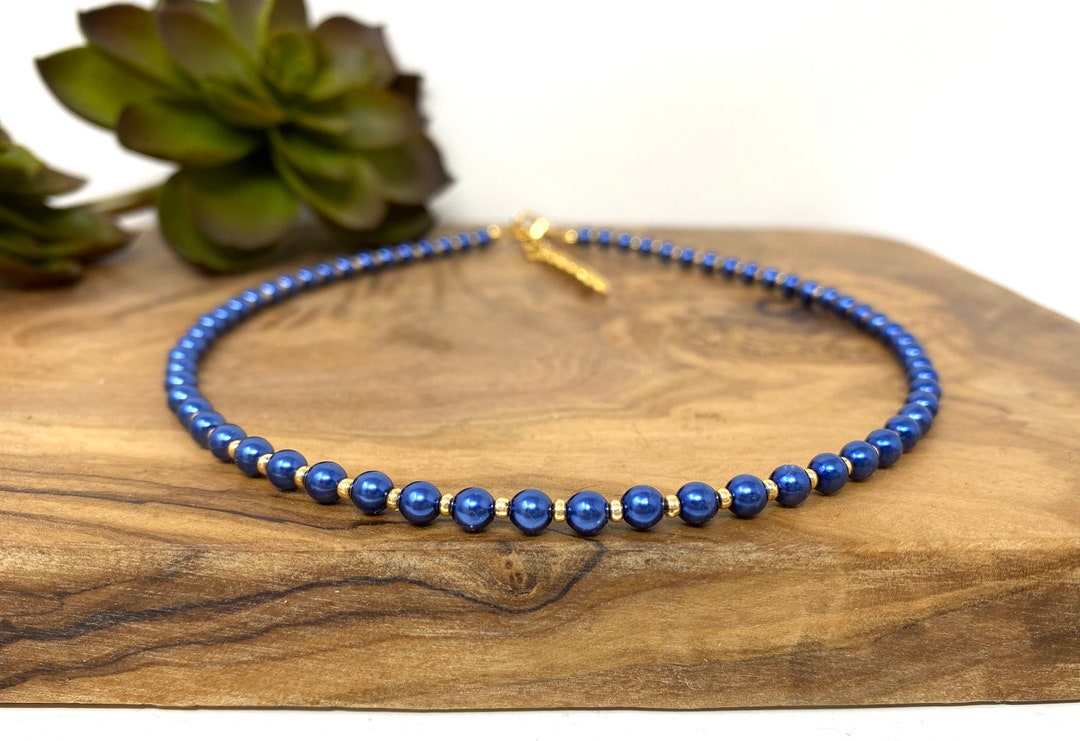 Royal Blue Pearl and Gold Seed Bead Choker Custom Choker Blue - Etsy