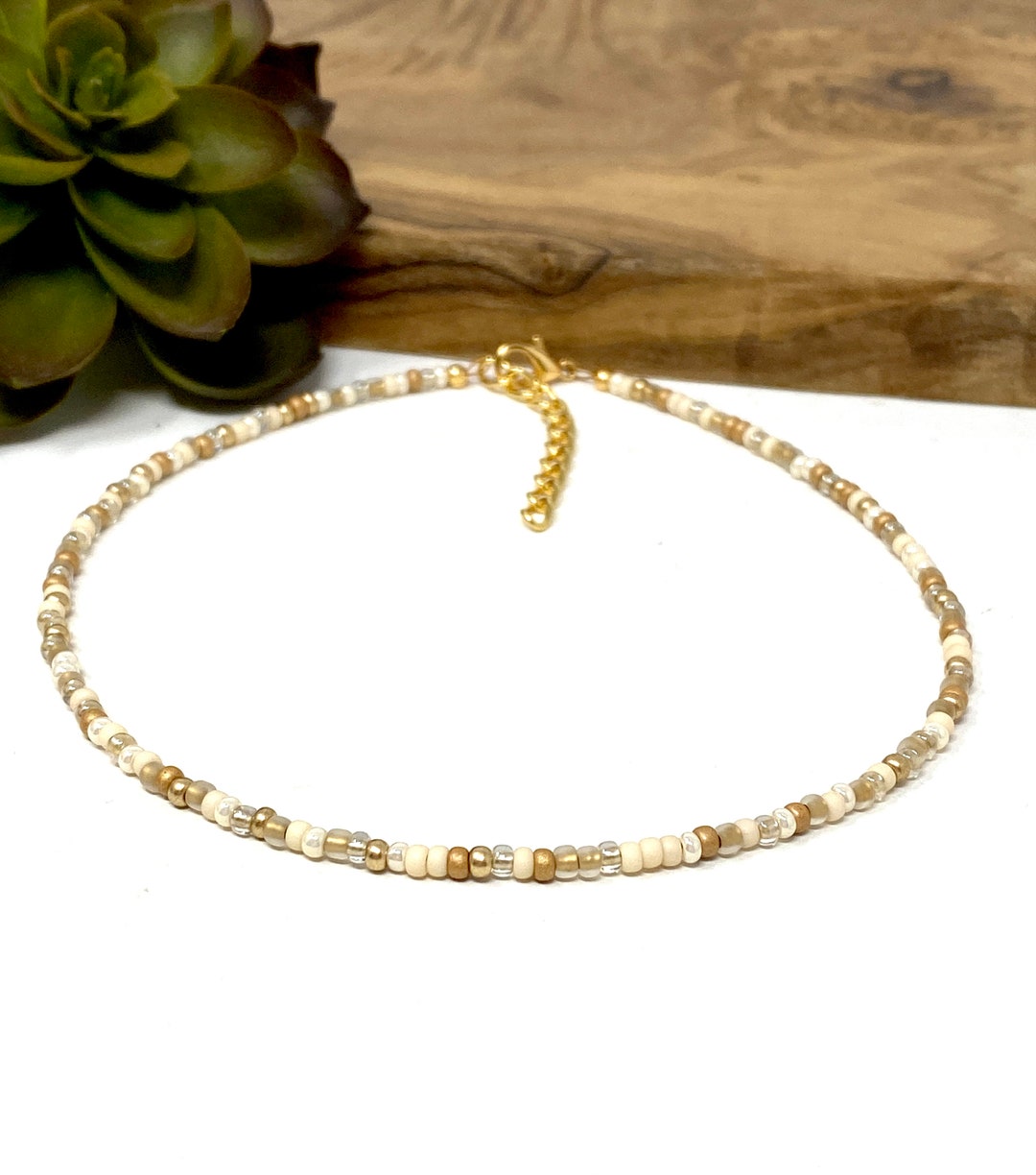 Neutral Gold and Cream Seed Bead Choker Necklace, Bracelet, Anklet Gold ...