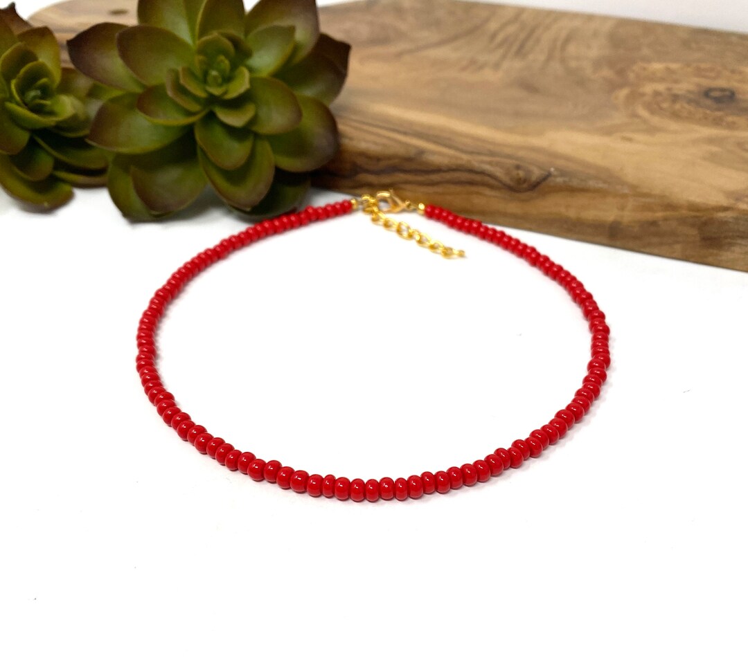 Red Seed Bead Bracelet, Anklet, Choker Necklace Red Mini Seed Bead ...