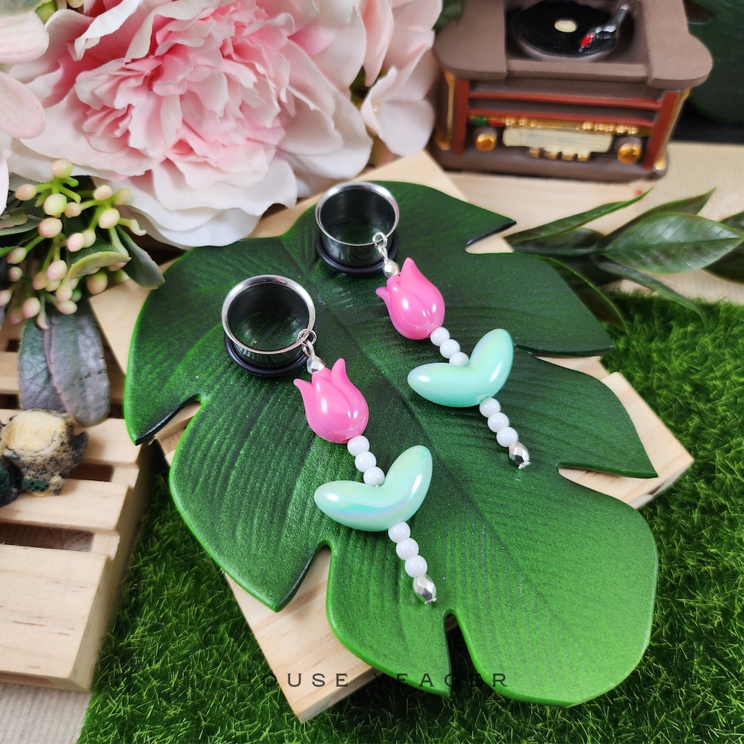 Pink Tulip Gauges: Plugs With Flower Charm, Beaded Stem, and Spring ...
