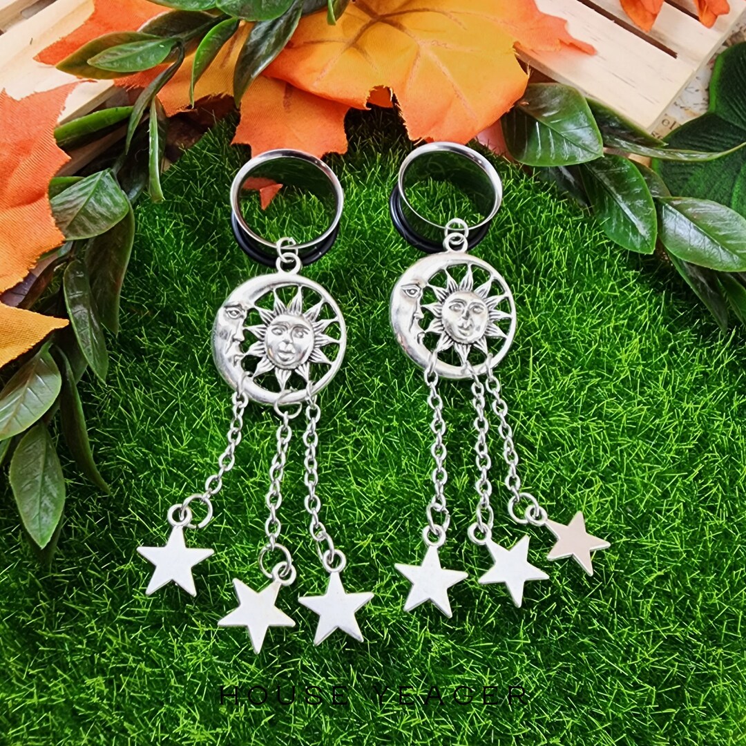 The Sun, Moon, and Star Pair, Dangle Gauge & Plug Earrings, Spooky ...