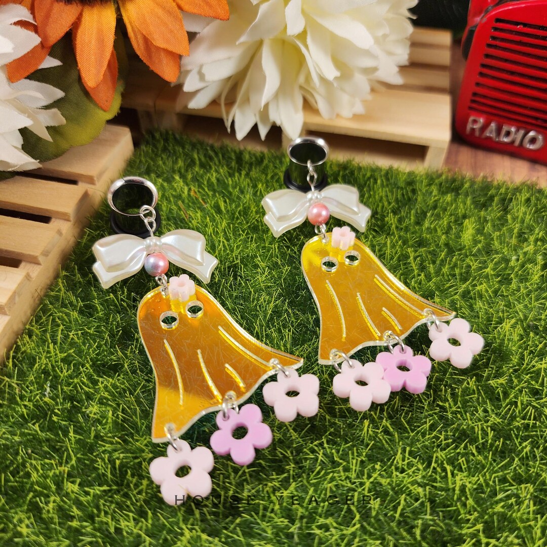 Iridescent Ghost Bell Plugs: Halloween Dangle Gauges With Floral Charms ...