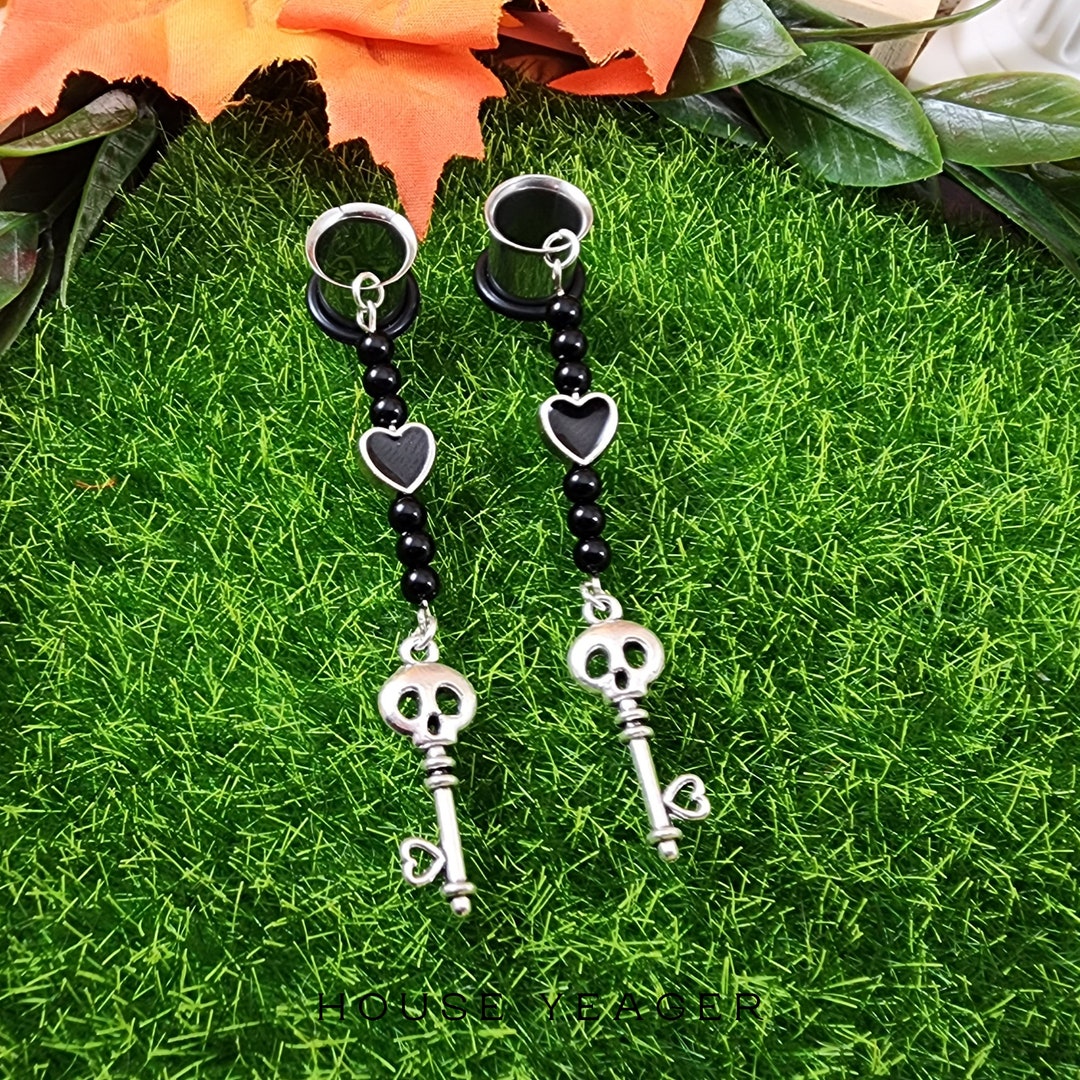 Skeleton Key Pair Dangle Gauge & Plug Earrings Stretched - Etsy