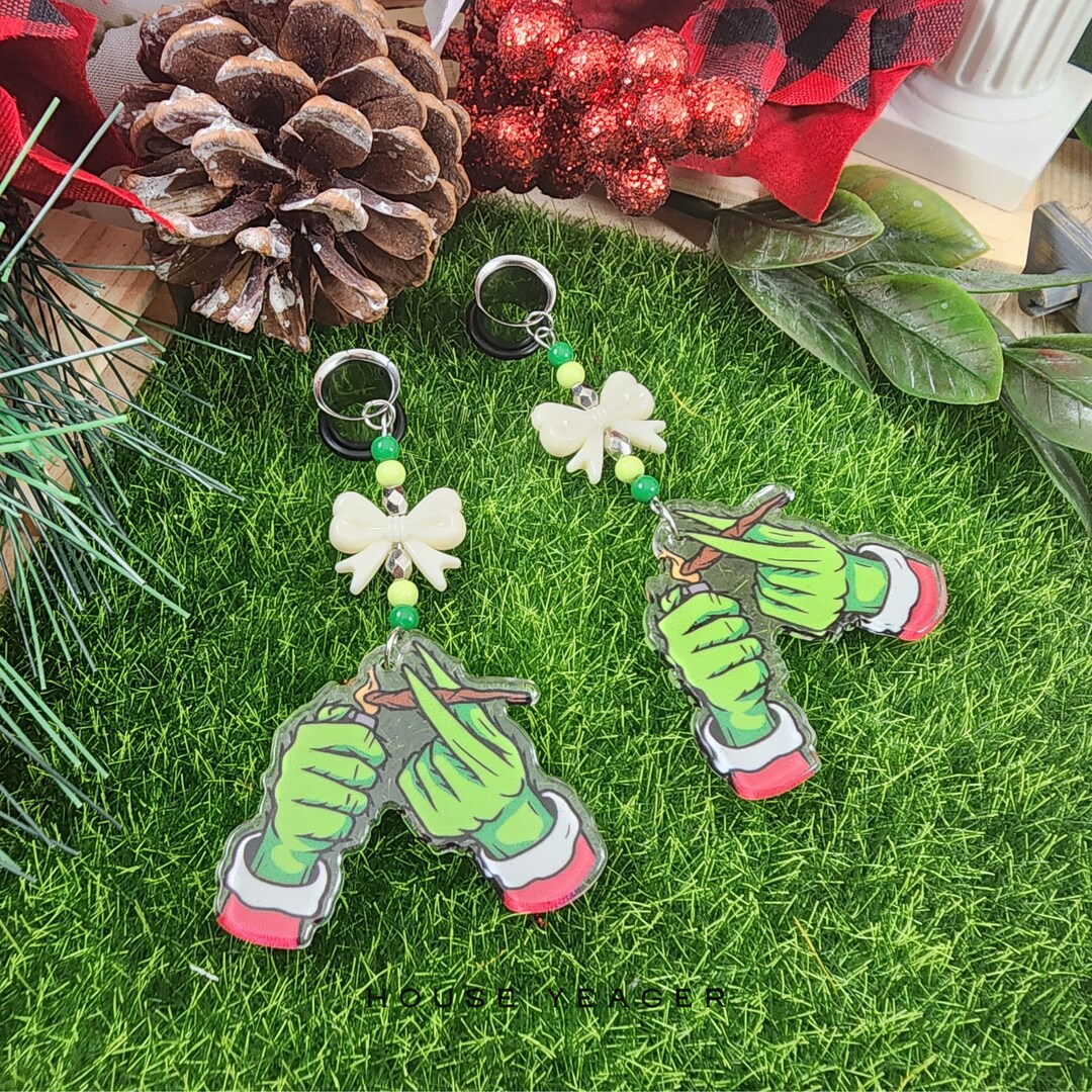 The Ganja Grinch Pair, Dangle Gauge & Plug Earrings, Christmas, Holiday ...