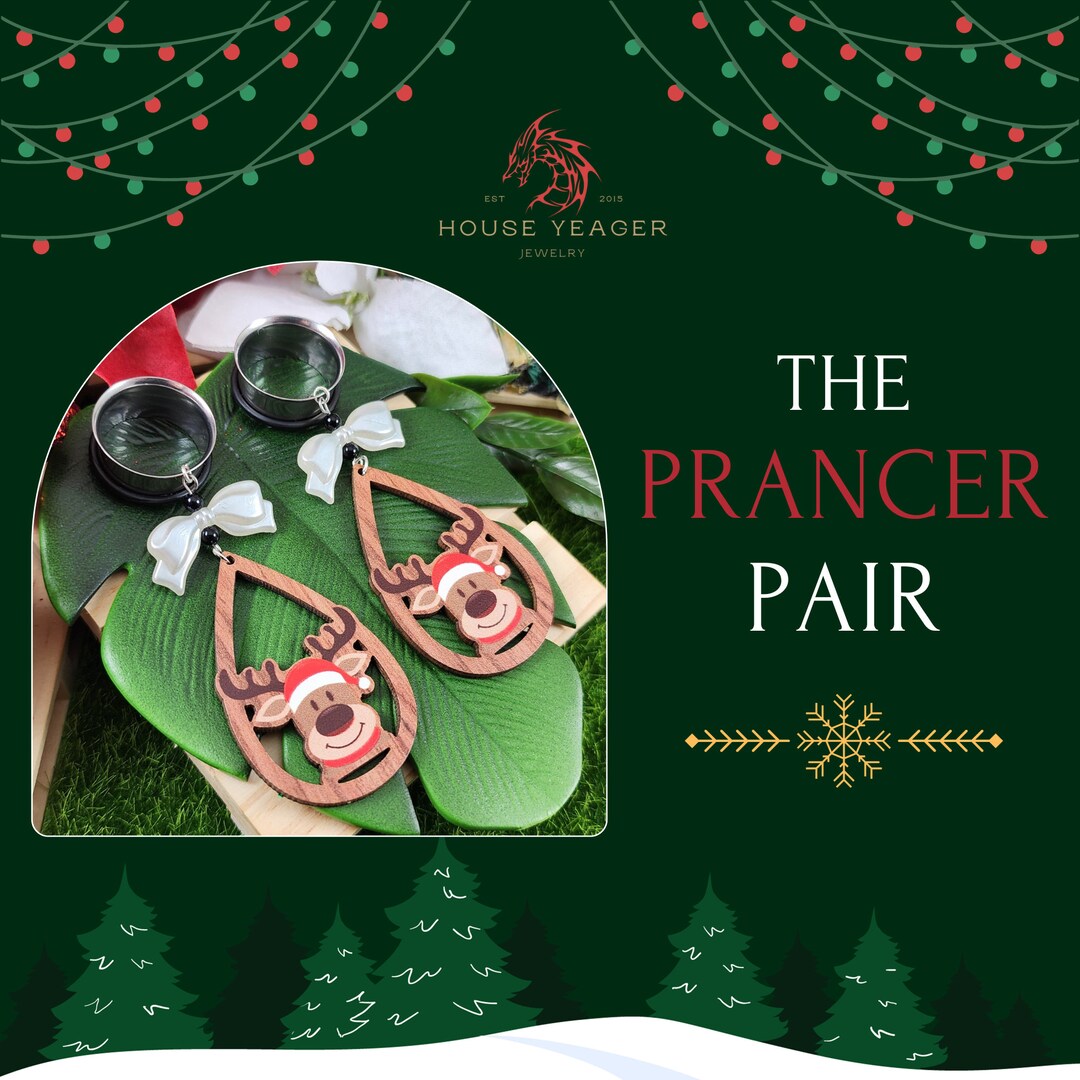 Prancer Reindeer Plugs: Wooden Charm With Bow Accent and Cutout Drop - Etsy