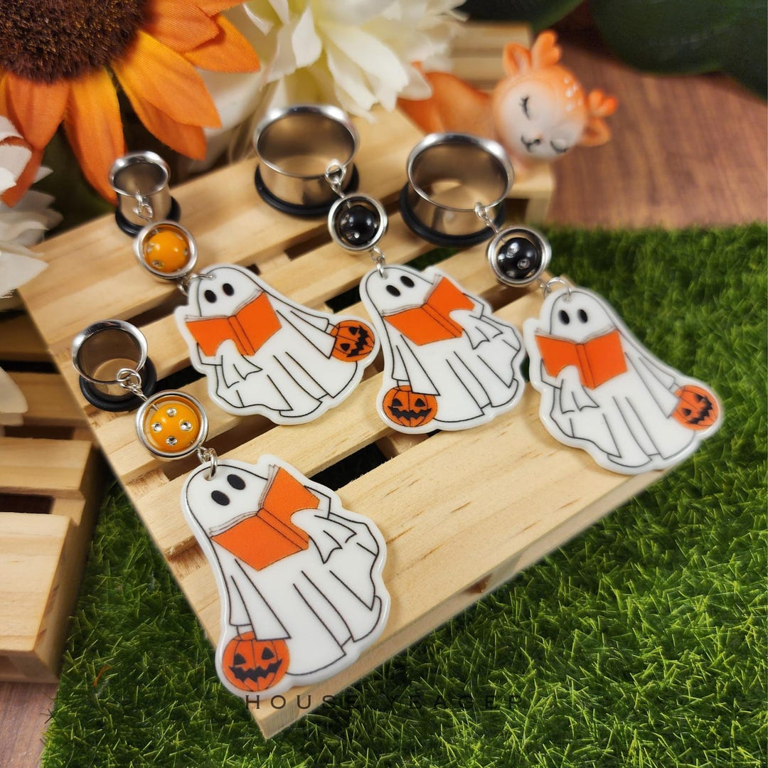 Bookworm Ghost Plugs: Halloween Dangle Gauges With Crystal Bead Accents ...