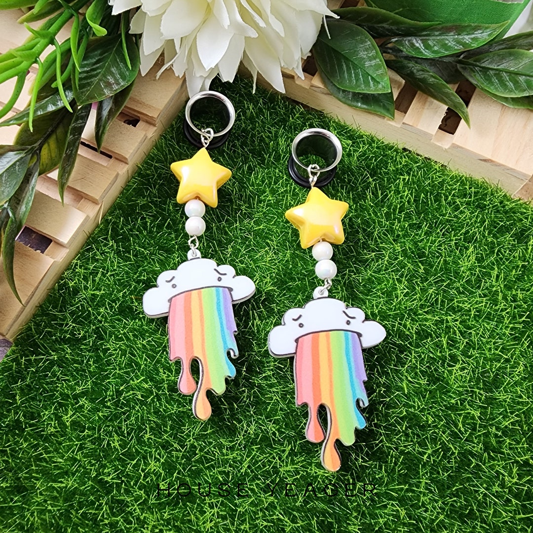 Randy the Rainbow Pair, Dangle Gauge & Plug Earrings, Cute Fun Kawaii ...