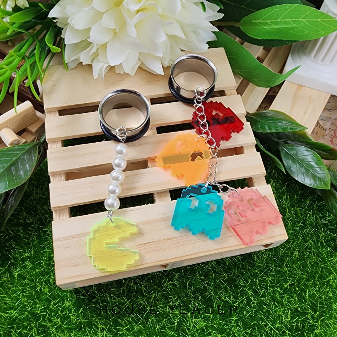 The Pac Man Pair, Dangle Gauge & Plug Earrings, 80s Retro Gamer Jewelry ...