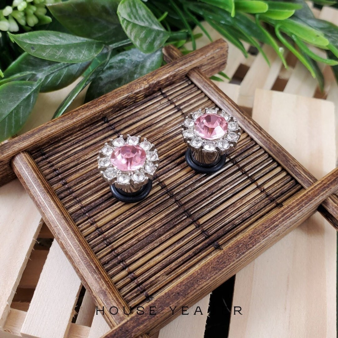 The Pink Crystal Pair, Gauge & Plug Earrings, Stretched Ears, Pierced ...