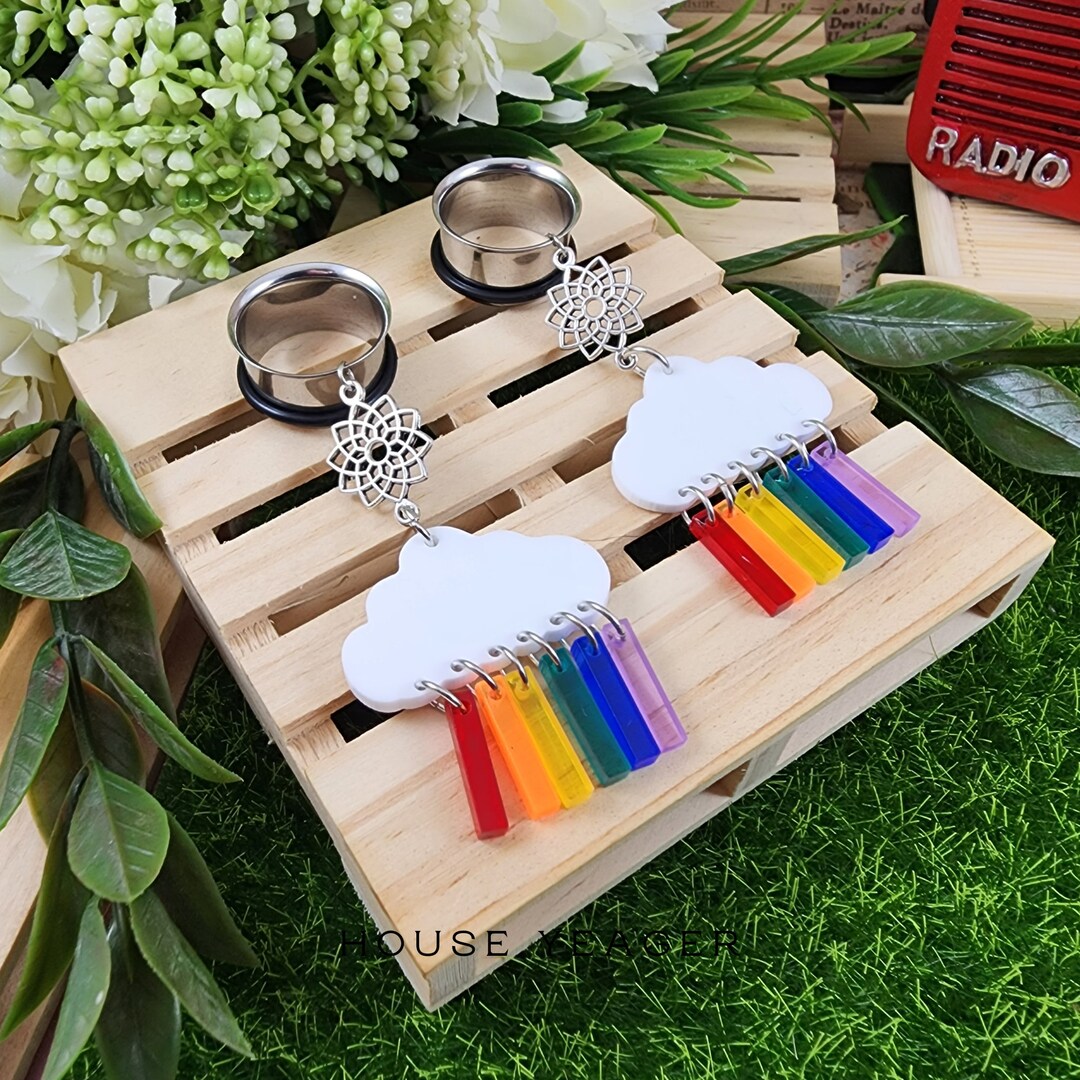 The Rainbow Rain Pair, Dangle Gauge & Plug Earrings, Stretched Ears ...