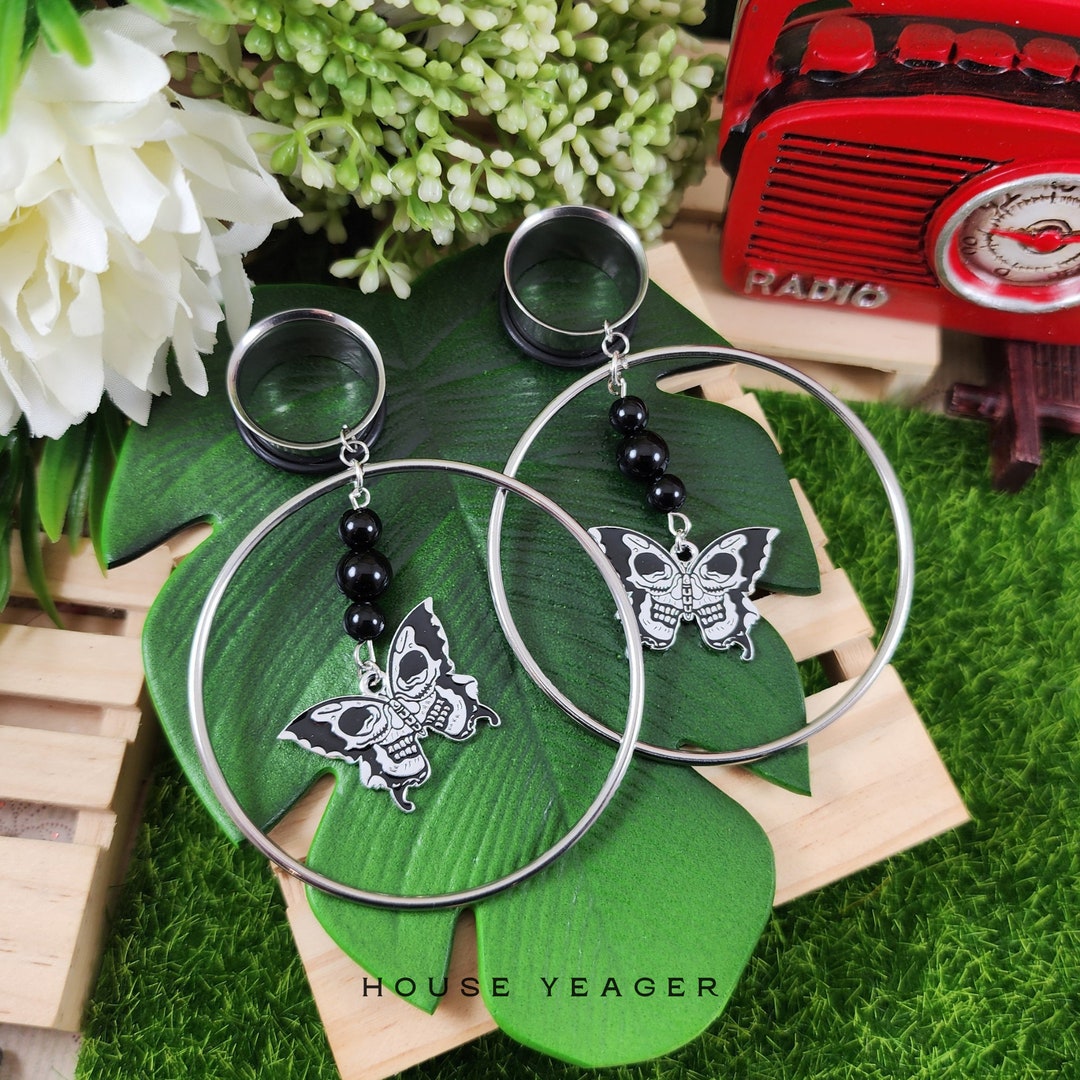 The Butterfly Skull Hoops Pair, Dangle Gauge & Plug Earrings, Spooky ...
