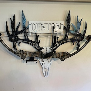 Metal Deer Skull Double Bow Rack: Holds Two 2 Bows! 4 Hooks, Handmade ...