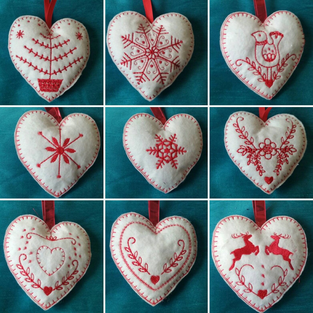 Christmas Embroidered Heart Tree Decorations. Red on White Felt or ...