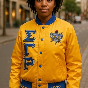 Sigma Gamma Rho Satin Bomber Jacket – Custom Gold Sorority Jacket for Women, Embroidered & Made ...
