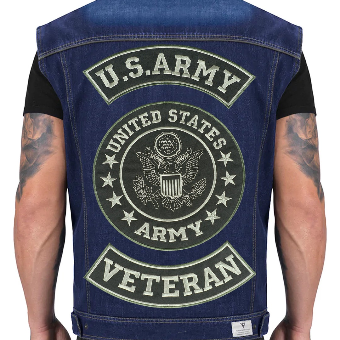 Army Veteran Embroidered Patch Set: Olive Green Iron-on Biker Vest ...