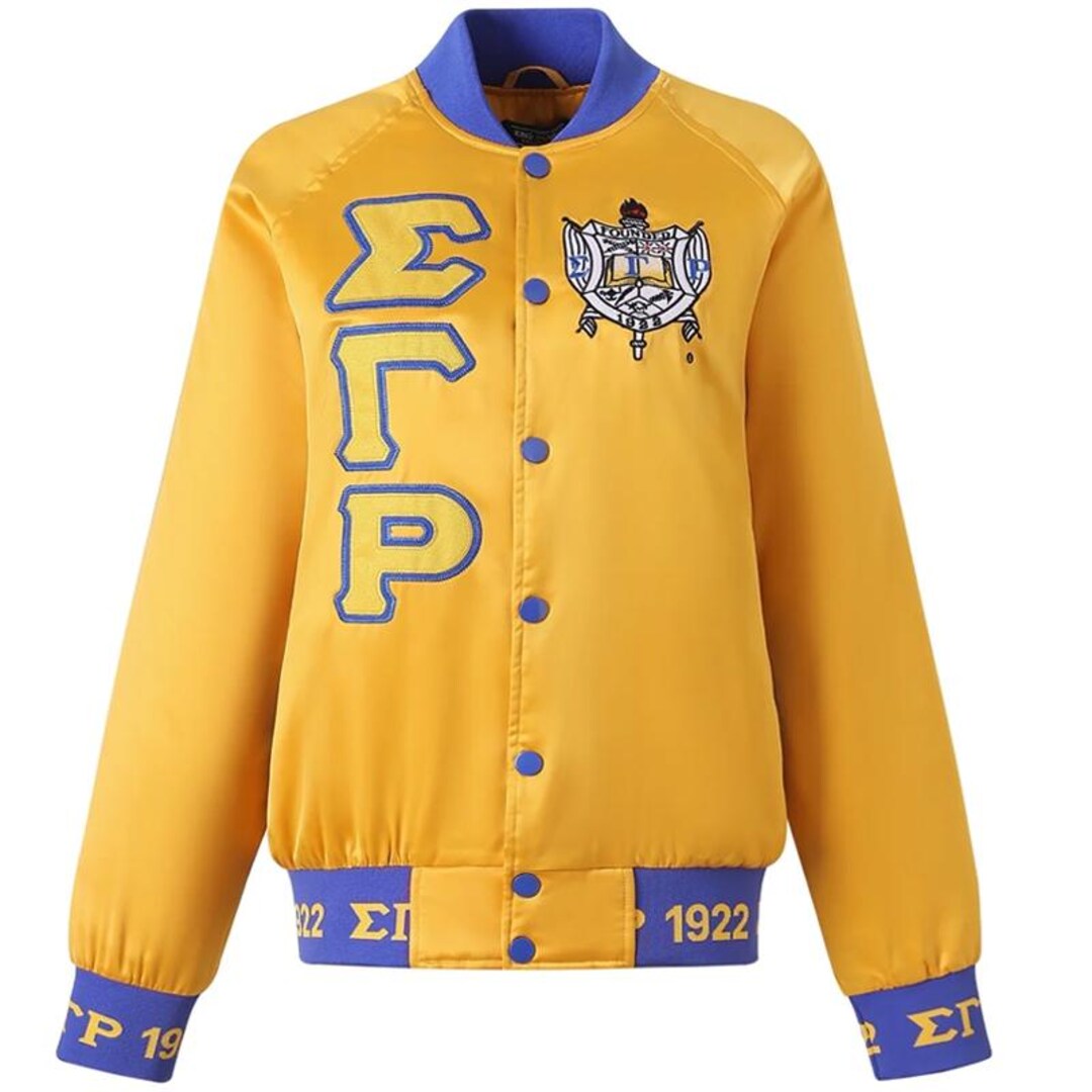 Sigma Gamma Rho Sorority Gold Satin Bomber Jacket Custom Ribbon and ...