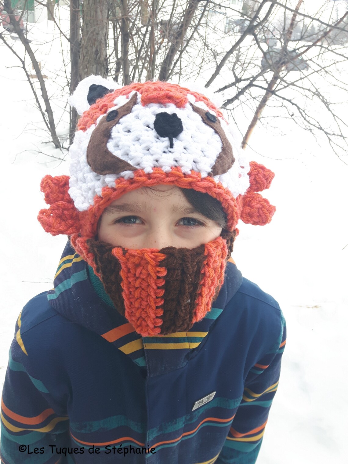 Crocheted Red Panda Hat LINED White Fleece and Its Tail Serves as a ...