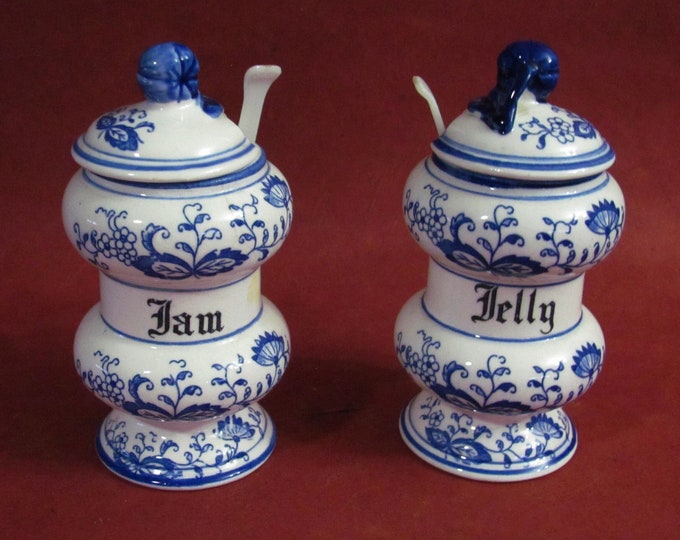 Vintage Jam & Jelly Jars Onion Pattern Blue and White Original Serving ...