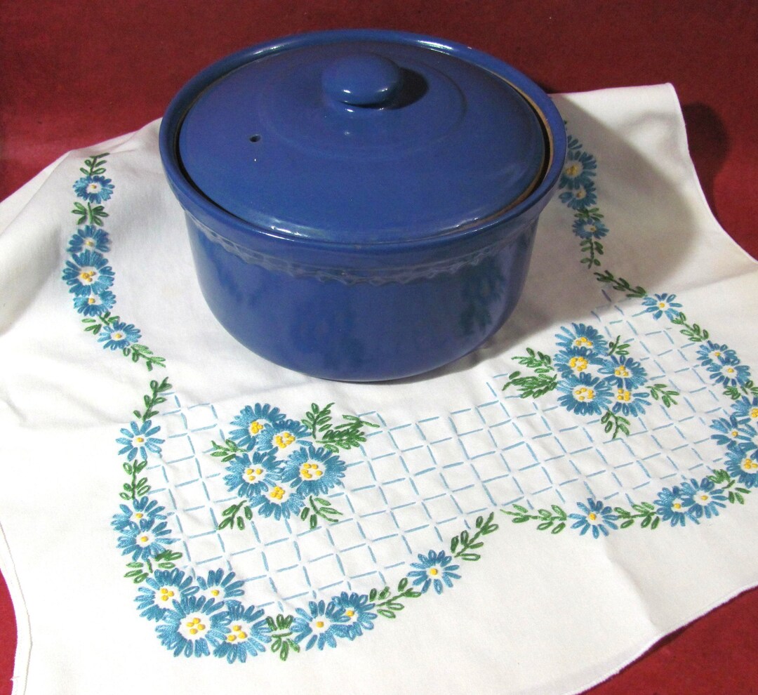 Vintage Covered Casserole Dish Periwinkle Blue Glaze Earthenware ...