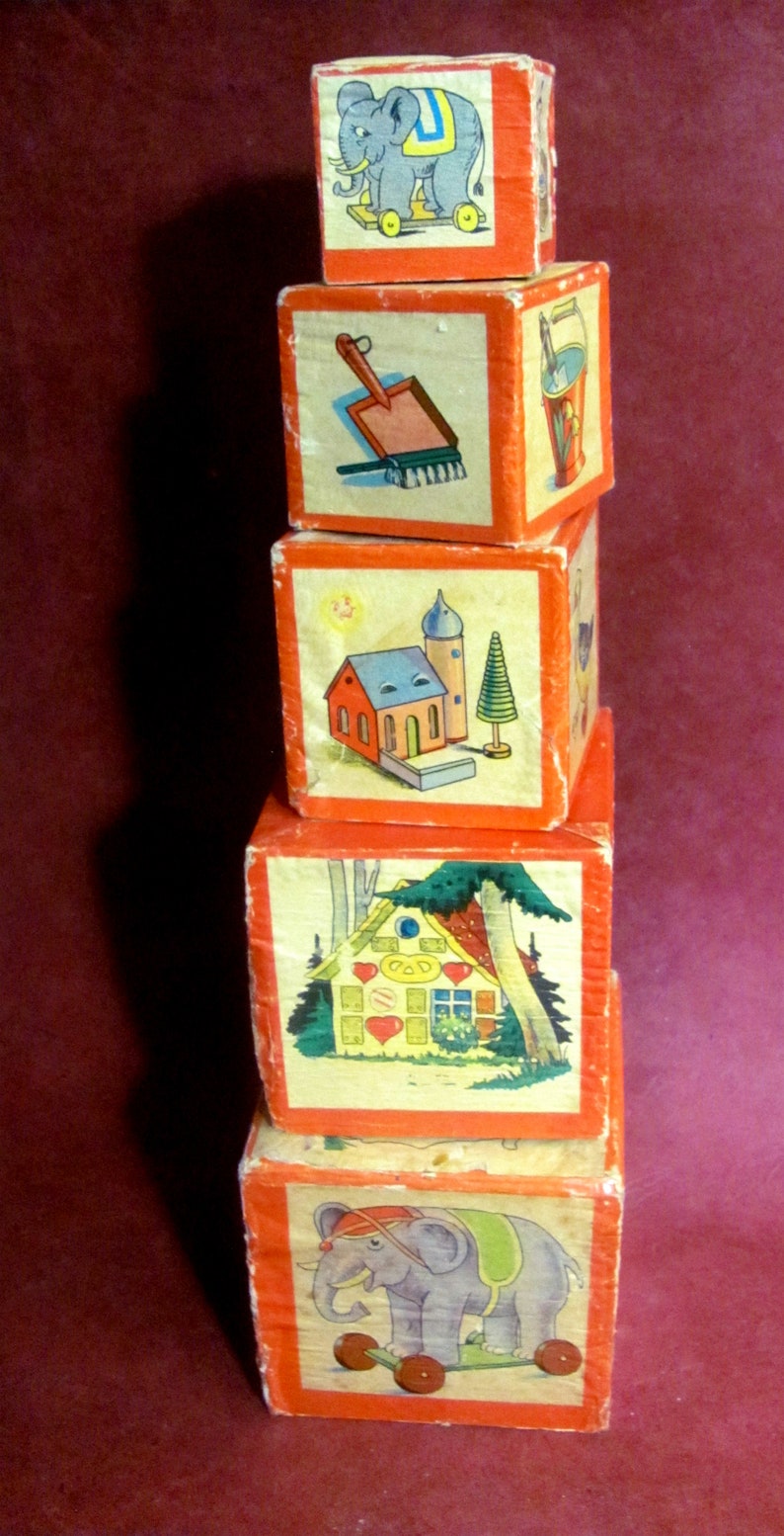 Stacking & Nesting Blocks 5 Charming Lithograph Covered Wood | Etsy