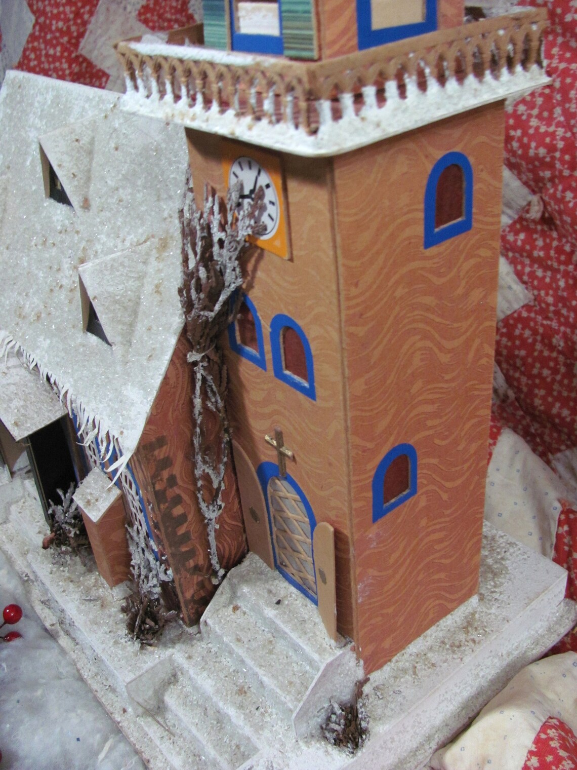 Christmas Church Tall Steeple W Bell Paper Lace Windows Mica Snow Paper ...