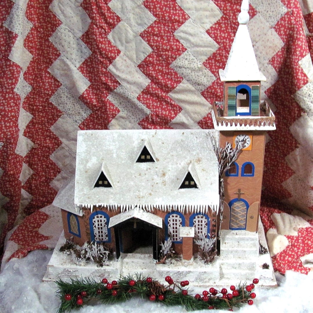 Christmas Church Tall Steeple W Bell Paper Lace Windows Mica Snow Paper ...