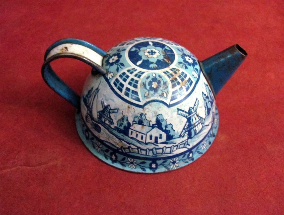 Antique Toy Tin Tea Set Tea Pot Cups & Saucers Serving Plates Dutch ...