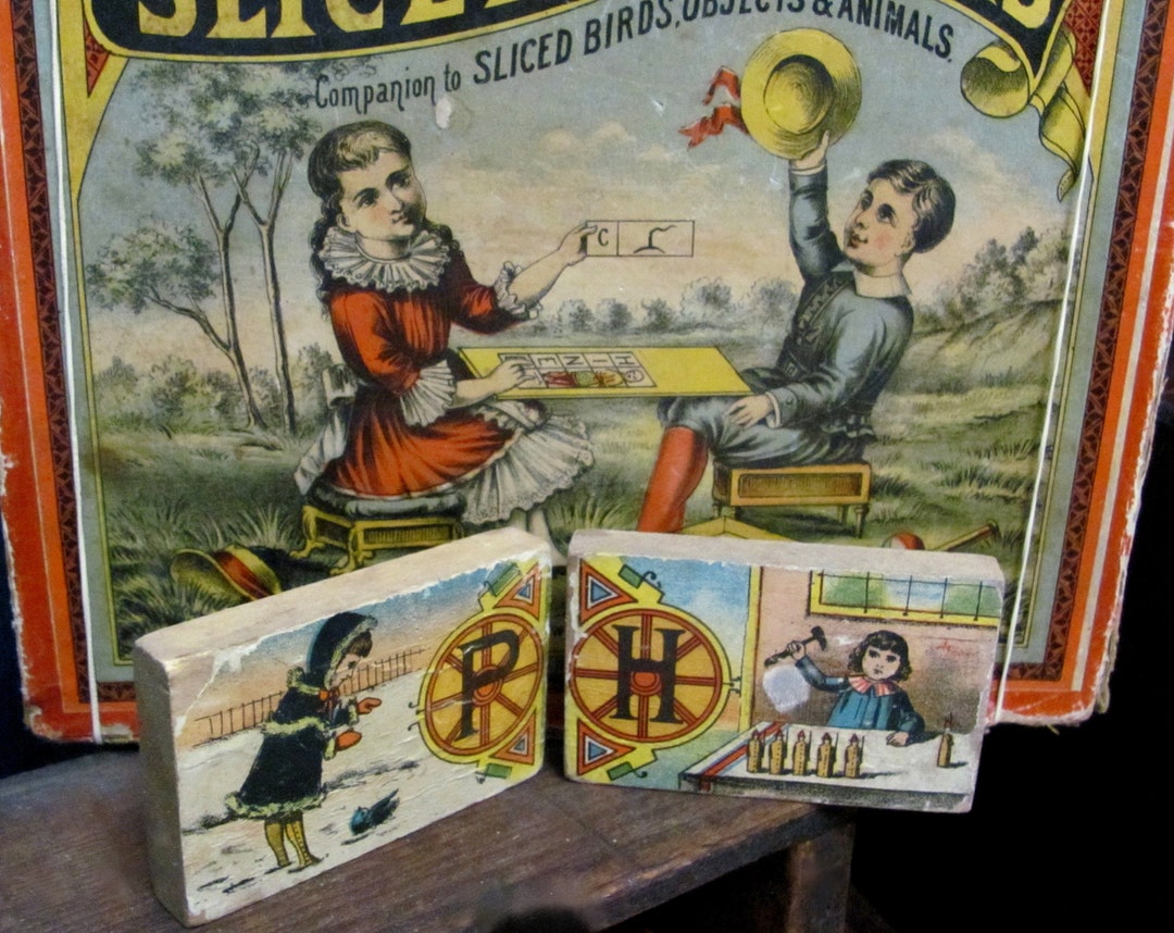 2 Antique Toy Wood Blocks Colorful Lithographs Letters D P H T ...