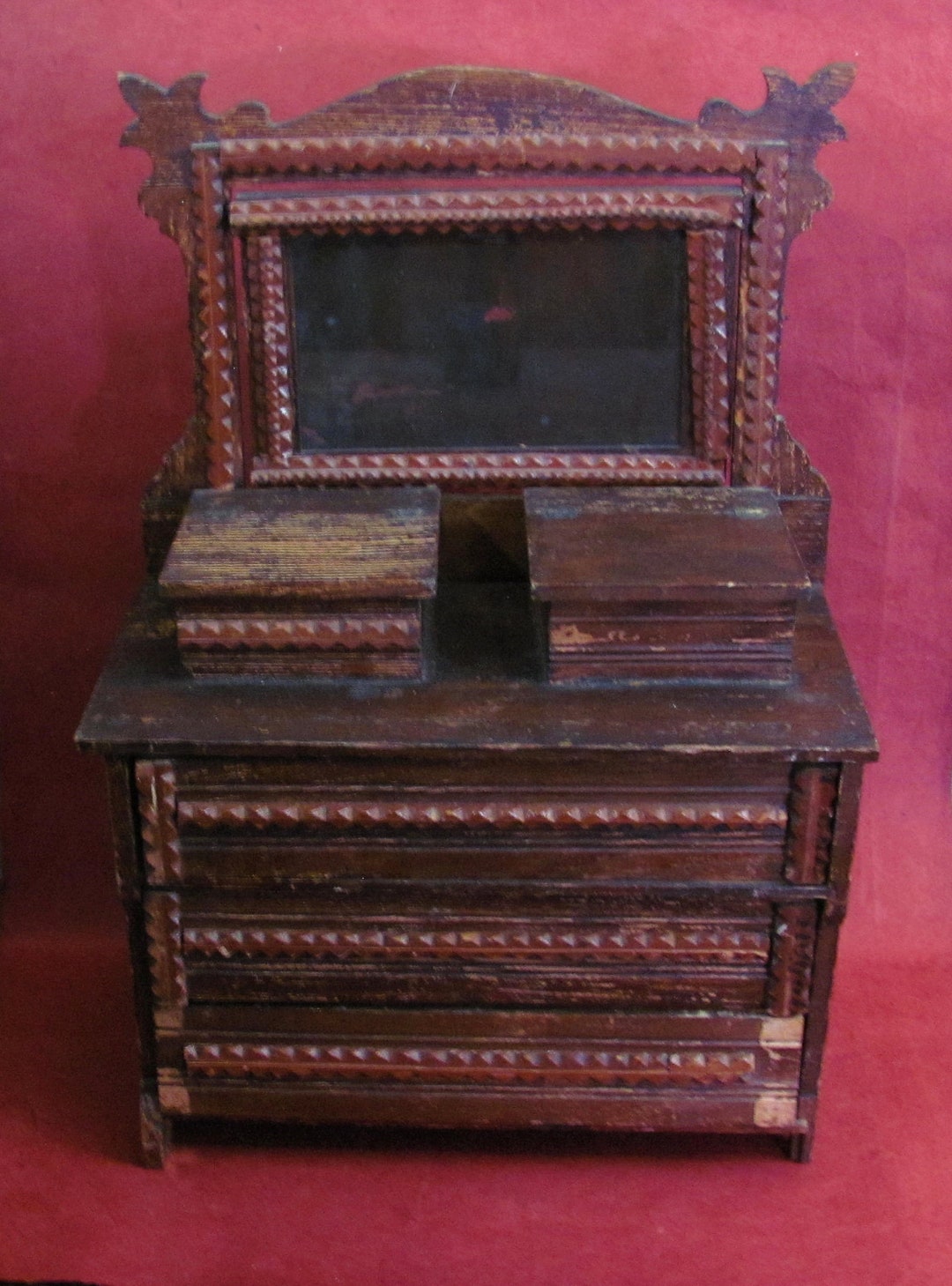 Antique Doll Dresser Tramp Art Chip Carving Three Drawers Two Boxes W ...