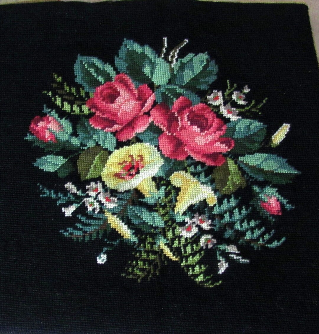 Wool Needlepoint Floral Design Roses Morning Glories Daisies Leaves ...