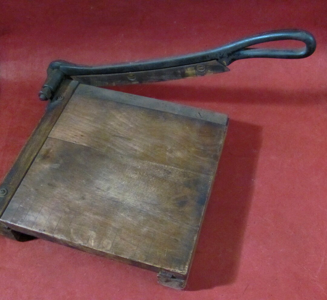 Antique REXO Paper Cutter Square Wood Base Cast Iron Cutting Arm 9 1/2 ...