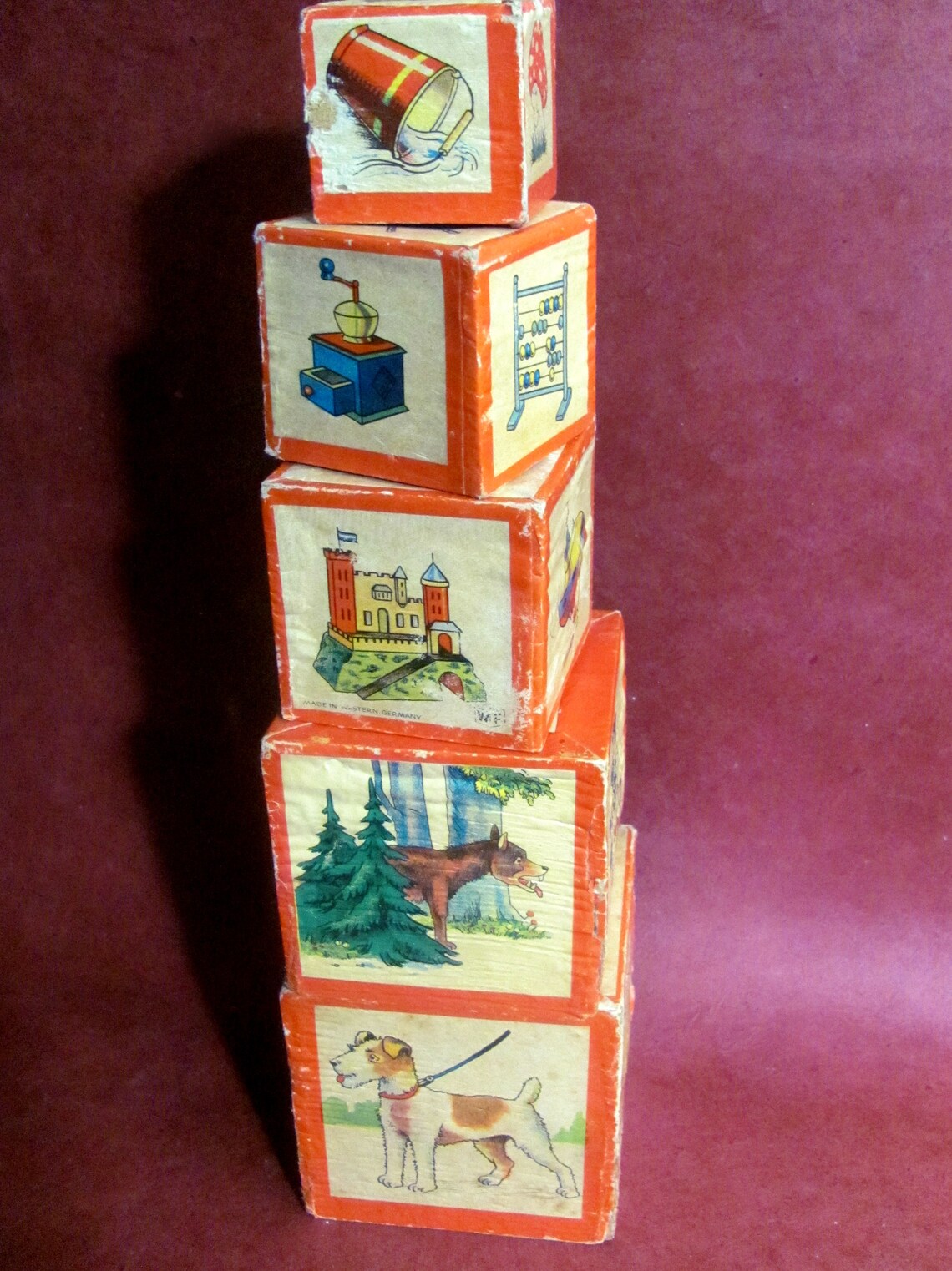 Stacking & Nesting Blocks 5 Charming Lithograph Covered Wood Blocks WF ...